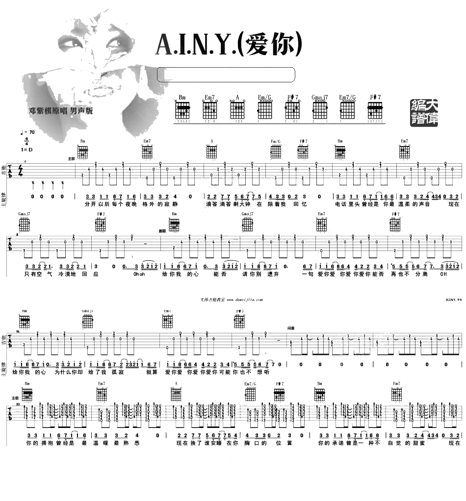 AINY爱你吉他谱 邓紫棋 A.I.N.Y六线谱(男声版)-318曲谱